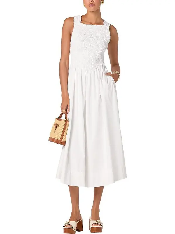 Astr The Label Shirred Square Neck Midi Dress - White