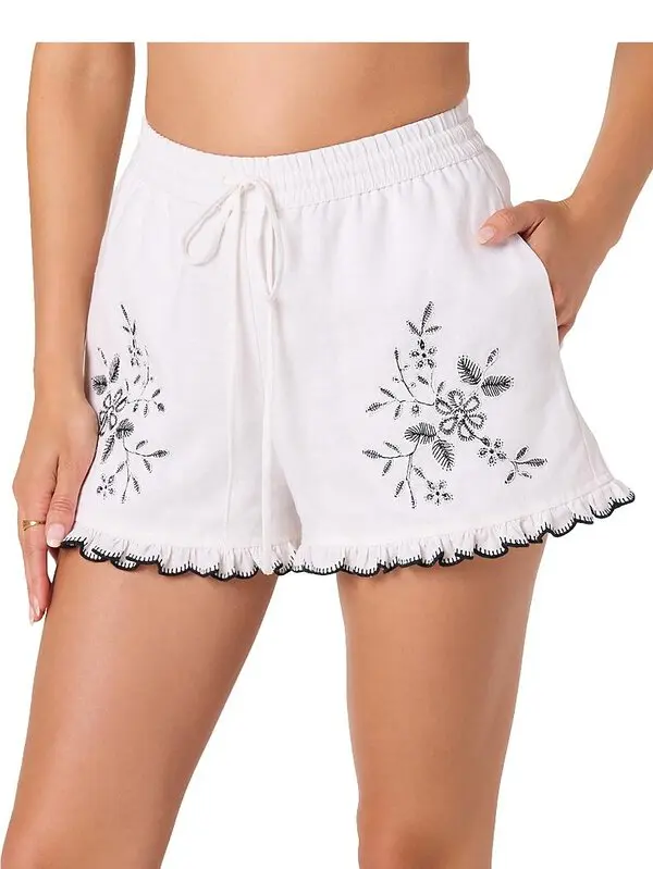 Astr The Label Sadie Embroidered Linen Cotton Shorts - Off White