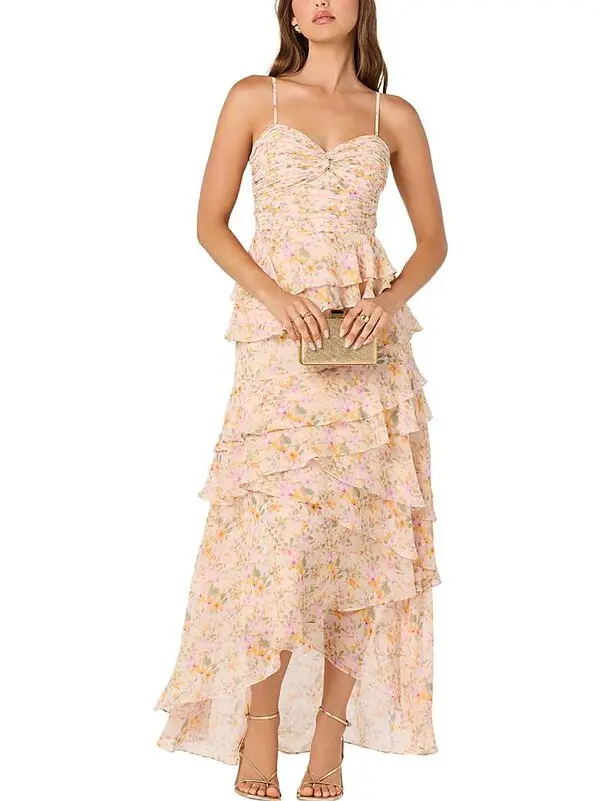 Astr The Label Coline Tiered Ruffled High/low Dress - Pink Orange Floral