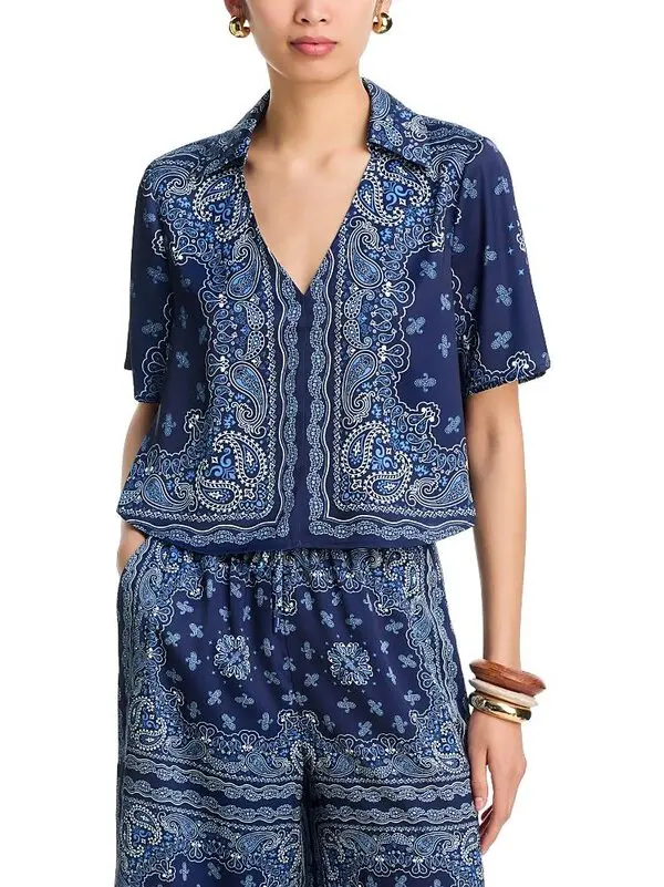 Aqua Bandana Print Short Sleeve Top - Navy