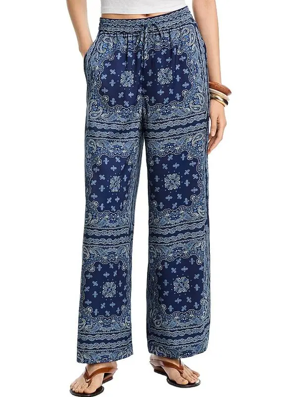 Aqua Bandana Print Wide Leg Pants - Navy