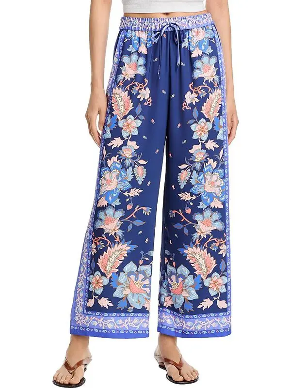 Aqua Printed Wide Leg Drawstring Pants - Navy