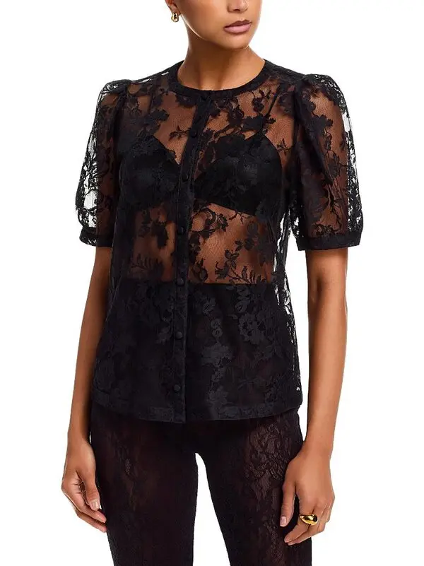 Alexander McQueen Sheer Lace Puff Sleeve Top - Black