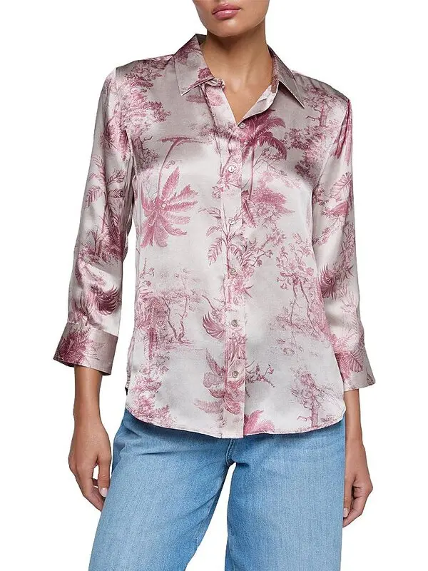 L'Agence Dani Silk Three Quarter Sleeve Blouse - Tan Multi Jungle Toile