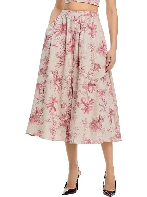 L'Agence Seina Button Front Linen Midi Skirt - Tan Multi Jungle Toile