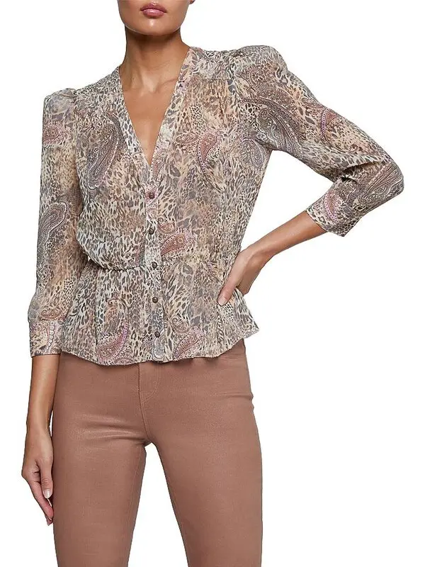 L'Agence Suri Puff Sleeve Top Animal & Paisley Print - Tan/mauve Leopard