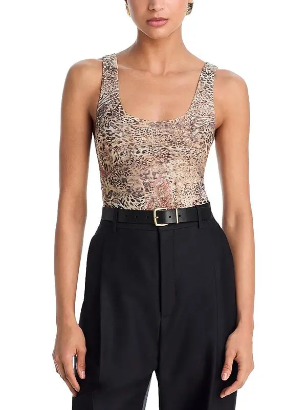 L'Agence Kalea Scoop Neck Tank Bodysuit - Tan/mauve Leopard