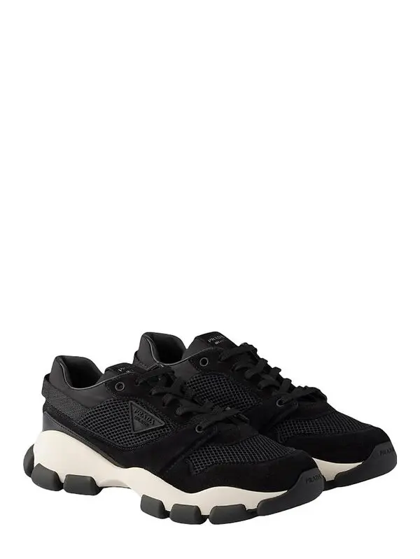 Prada Mesh Fabric And Suede Lace-up Sneakers - Black