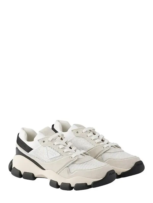 Prada Mesh Fabric And Suede Lace-up Sneakers - White