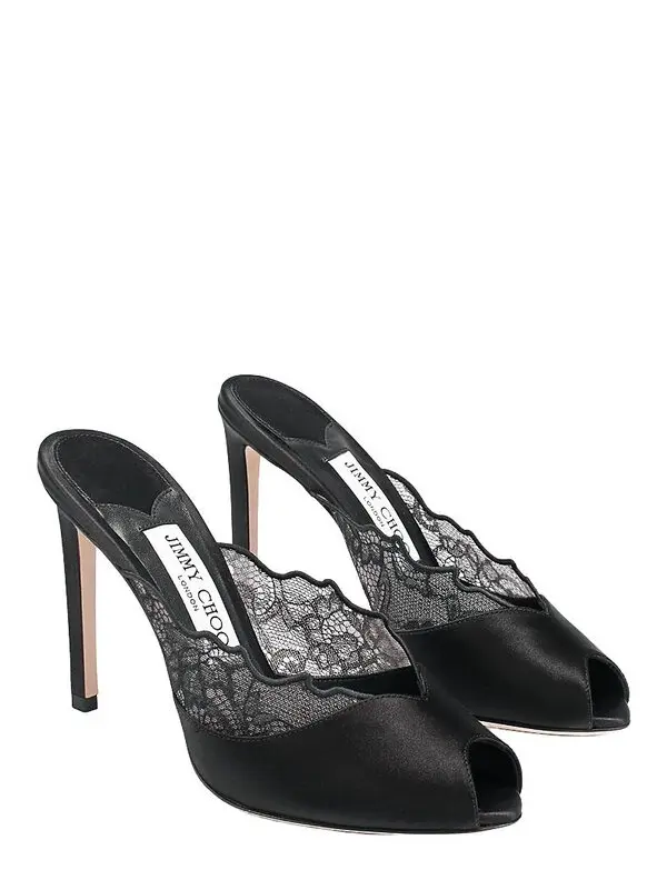 JIMMY CHOO Brigitte 100 Lace & Satin Mules - Black/black
