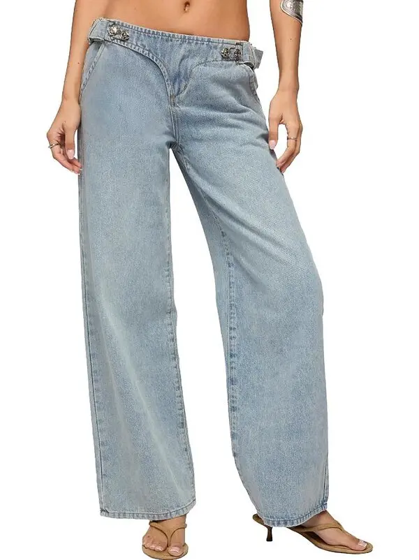 EDIKTED Buckled Low Rise Baggy Jeans - Light-blue-washed