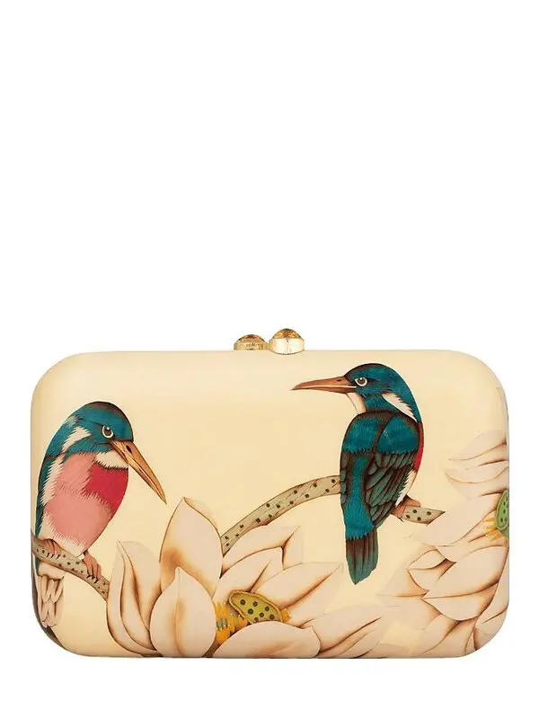 SILVIA FURMANOVICH 18k Yellow Citrine Leaf Inlay, Bird Print Marquetry Wood Clutch - Gold