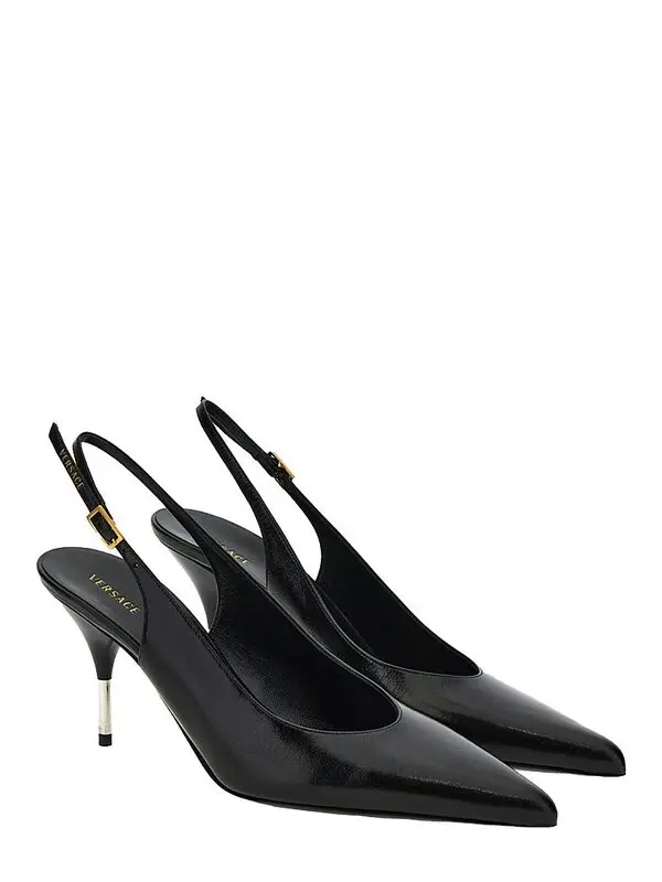 Versace Pointed Leather Slingback Pumps - Black/gold