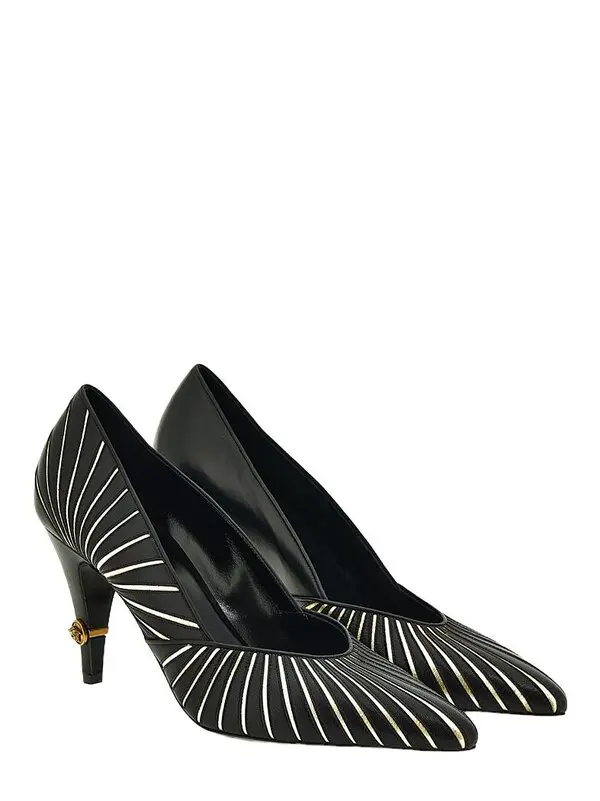 Versace Leather Pointed Toe Pumps With Gold Tone Embellishment - Black/gold