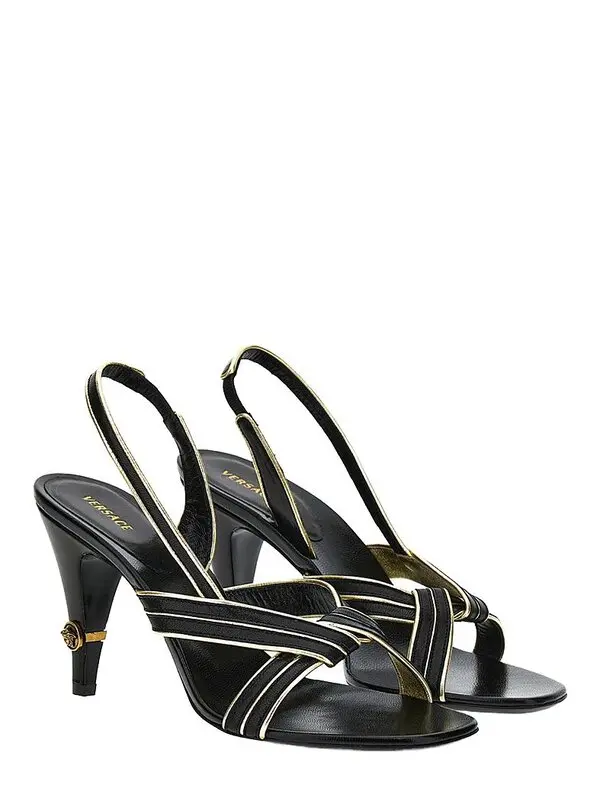 Versace Black Leather Slingback Sandals With Gold Trim - Black/light