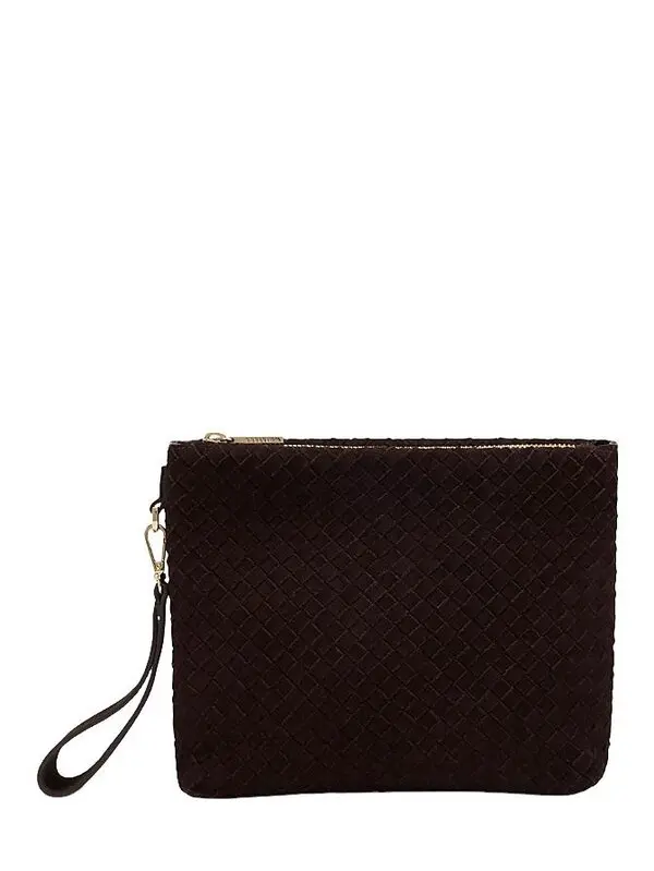 Whistles Avah Woven Suede Zip Clutch - Chocolate