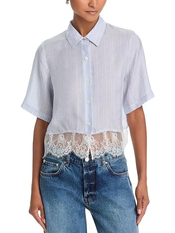 FRAME Silk Lace Trim Striped Shirt - Chambray Multi