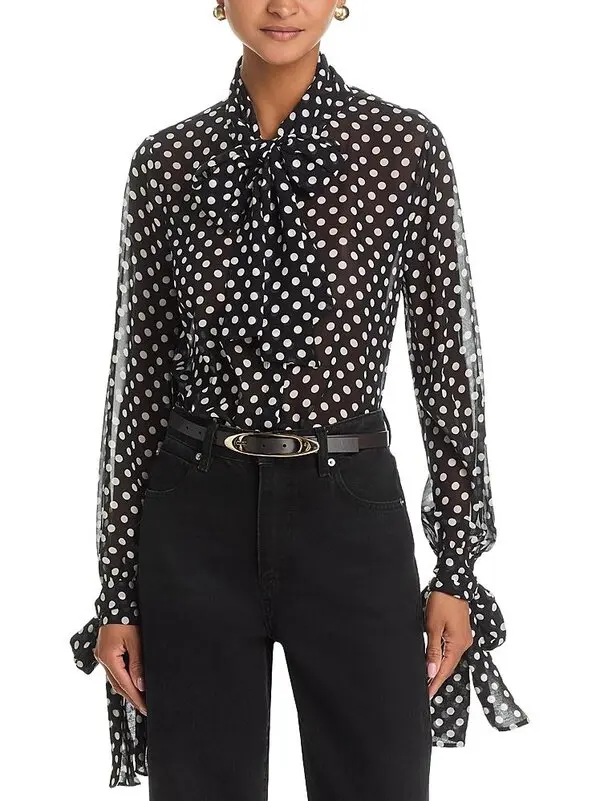 FRAME Silk Polka Dot Pussy Bow Blouse - Black Multi
