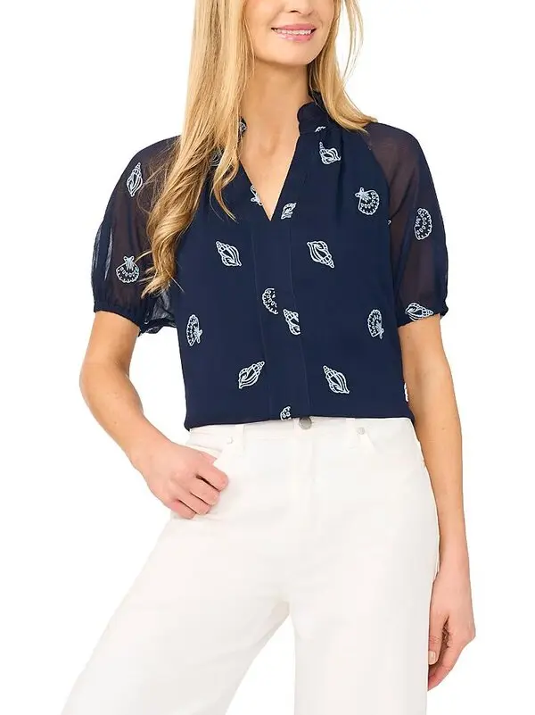 CECE DUPRAZ Embroidered Seashell Blouse - Classic Navy