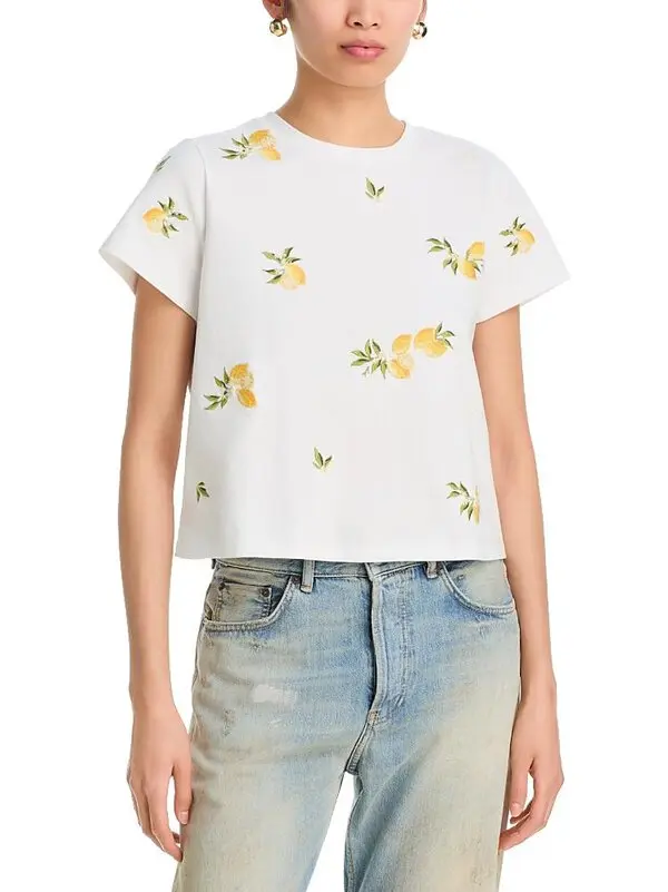 Aqua Lemon Embroidered Cotton T-shirt - White