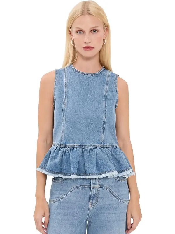 Baum Und Pferdgarten Sleeveless Denim Top With Fringe And Gathered Details - Forever Blue Denim