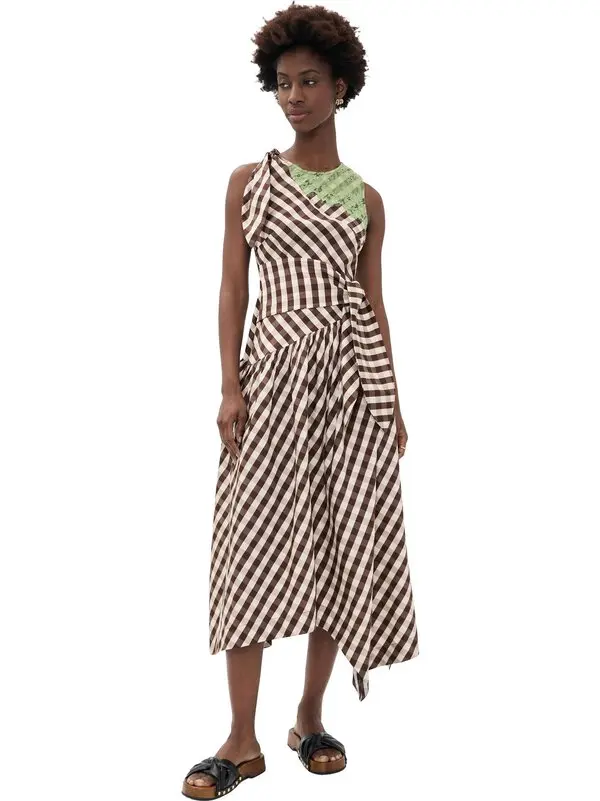 DAMSON MADDER Gisele Midi Dress With Asymmetrical Detailing And Checked Print - Choc