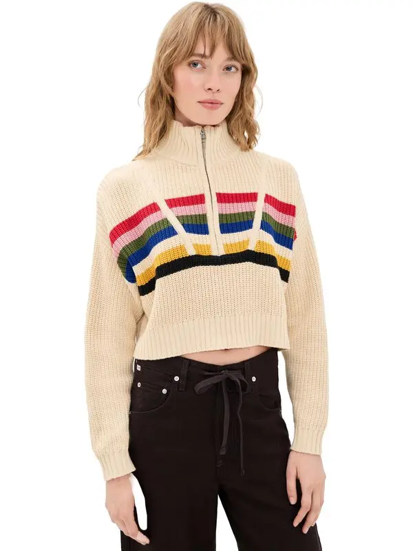 Staud Cropped Hampton Sweater With Mock Neck And Quarter Zip - Artist Stripe