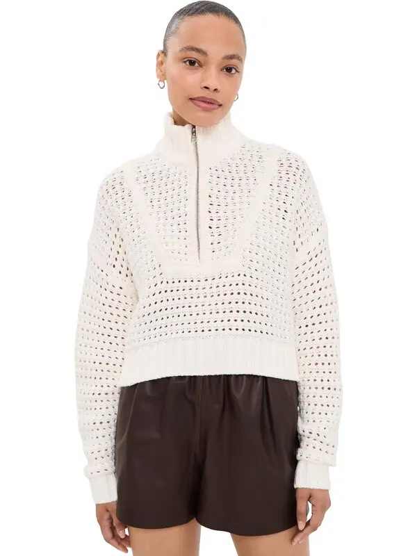 Staud Cropped Hampton Sweater With Mock Neck And Quarter Zip - Ivory
