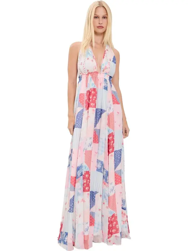 LoveShackFancy Patchwork Halterneck Maxi Dress - Blueberry Sundae