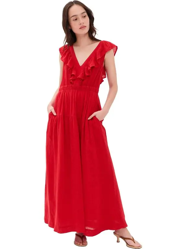 Rails Beaux Linen Blend Maxi Dress With Ruffled V-neck - Tomato