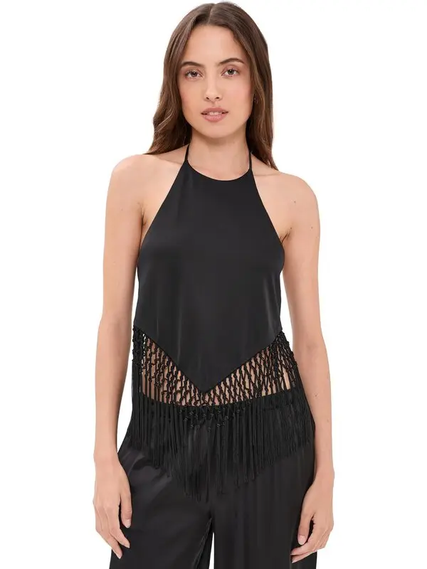 Alice + Olivia Greta Halter Tie Back Handkerchief Top With Fringe Trim - Black