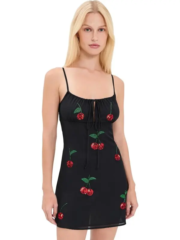 LESLIE AMON Sequined Cherry Slip Dress - Black And Red
