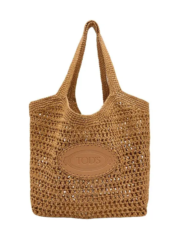 TOD'S Raffia Tote Bag With Designer Plaque - Natural