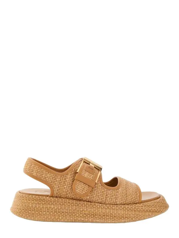 TOD'S Raffia Flatform Sandals With Leather Trim - Camel