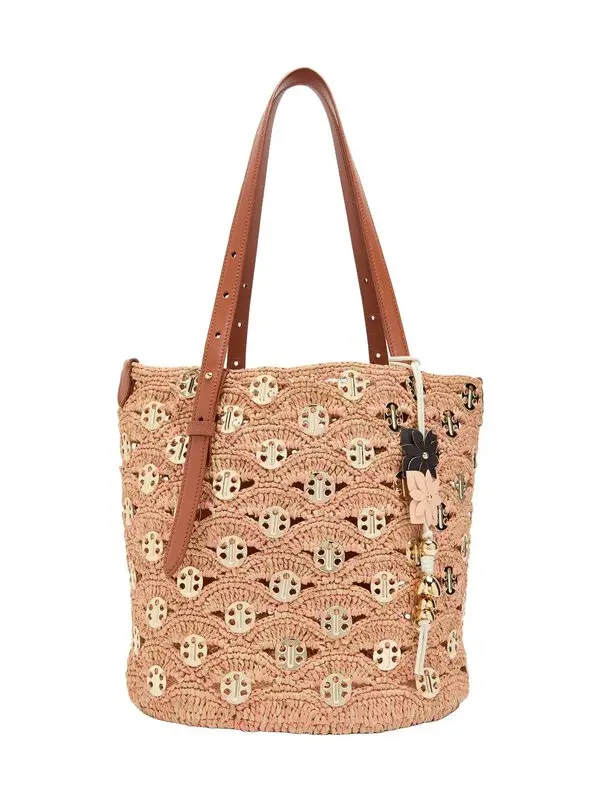 Rabanne Raffia Disc Embellished Bucket Tote Bag - Peach