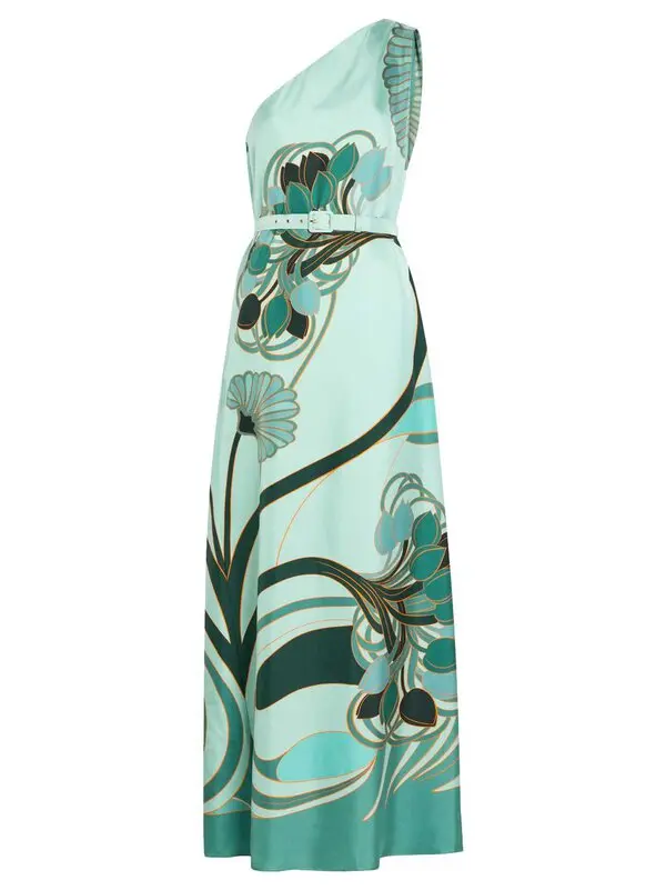 La DoubleJ Printed Silk One-shoulder Maxi Dress With Belt - Blue