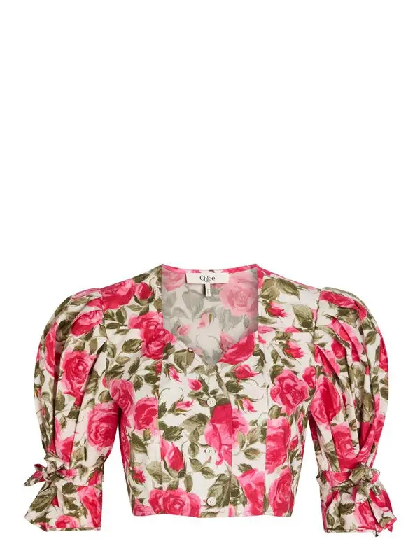 Chloé Floral-print Cotton-poplin Cropped Blouse - Pink