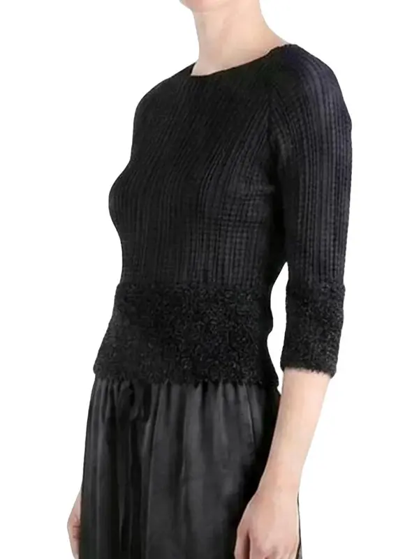 Issey Miyake Pleated Bouclé-trim Top - Black