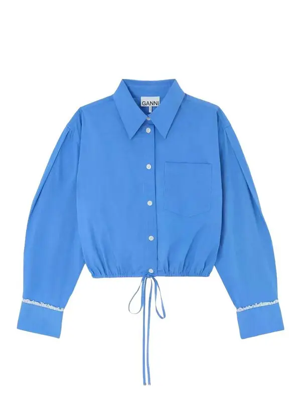 GANNI Lace-trim Drawstring-hem Shirt - Blue