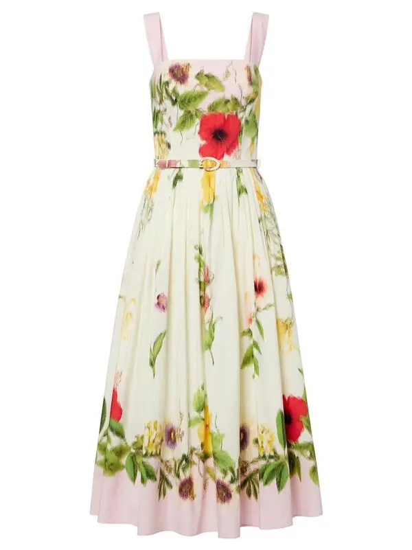 Oscar De La Renta Belted Floral Cotton-blend Poplin Midi Dress - White