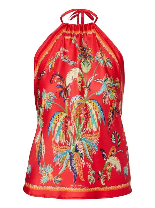 Etro Printed Halterneck Silk Twill Top - Red