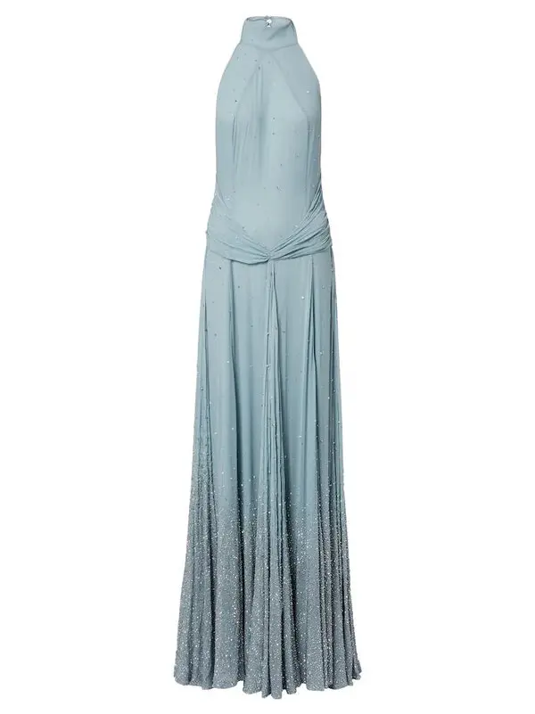 THE NEW ARRIVALS ILKYAZ OZEL Halo Embellished Draped Silk Gown - Blue