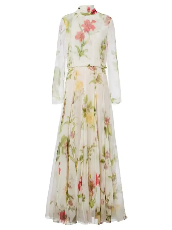 Oscar De La Renta Floral Silk Chiffon Maxi Gown - White