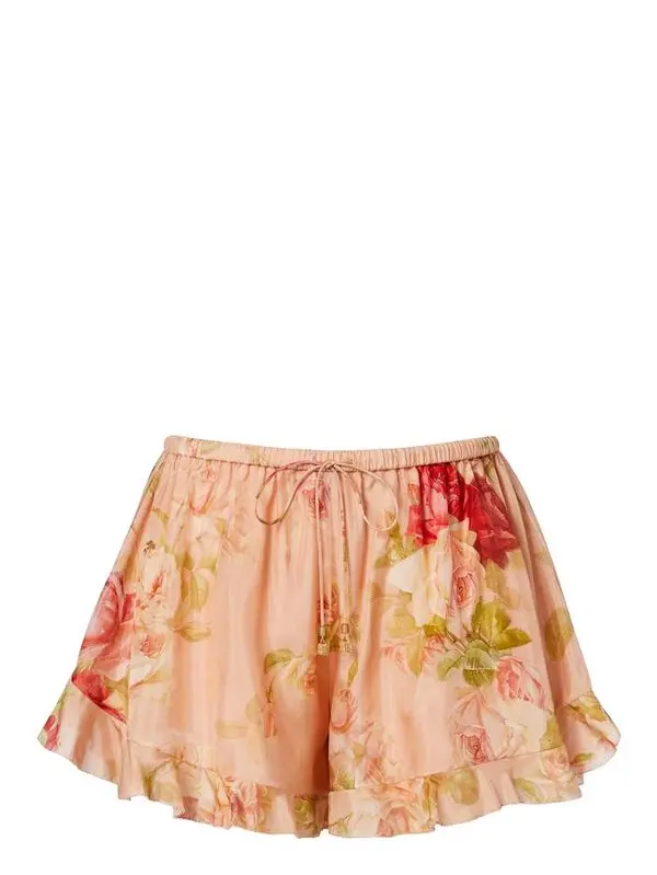 Zimmermann Roselight Floral Ruffled Silk Shorts - Pink