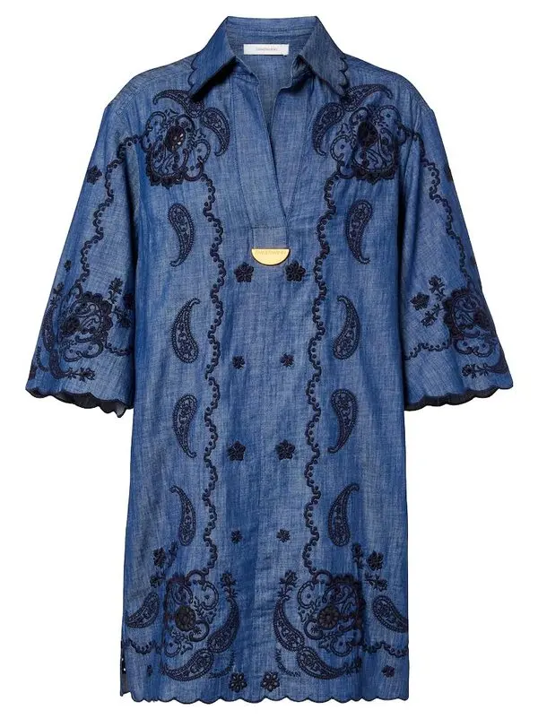 Zimmermann Embroidered Cotton Chambray Mini Dress - Blue