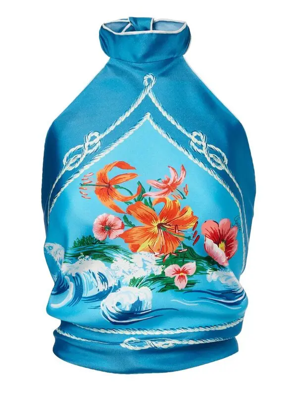 Gucci Printed Silk Twill Halterneck Crop Top - Blue
