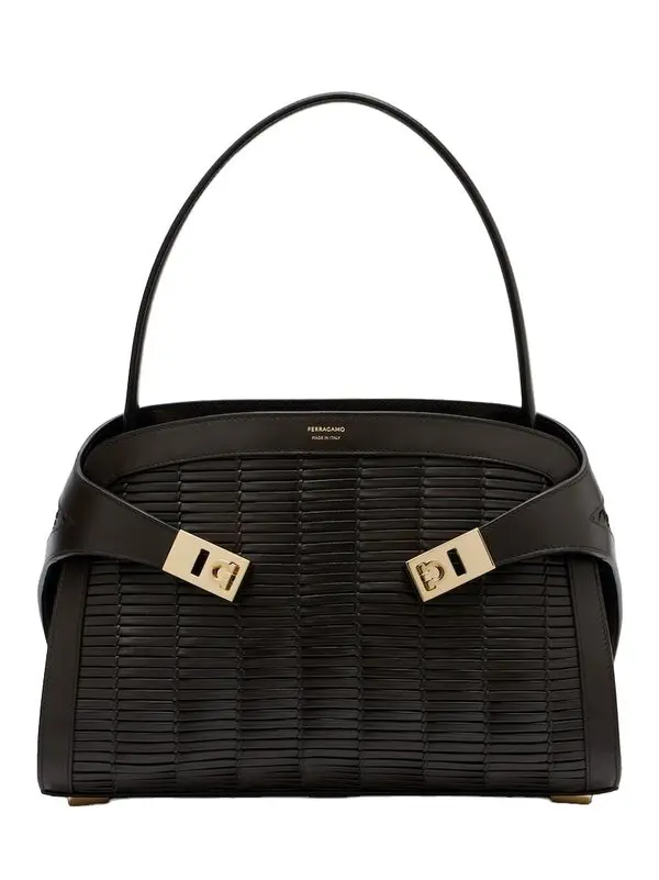 FERRAGAMO Hug Medium Woven Leather Shoulder Bag - Brown
