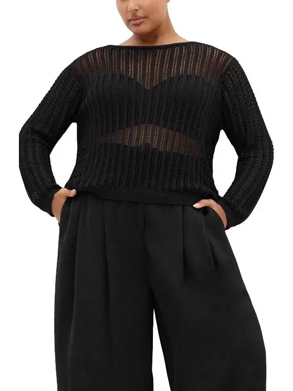 City Chic Slouch Open Stitch Sweater - Black