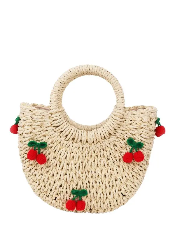 PETIT MOMENTS Cherry Raffia Top Handle Bag - Beige