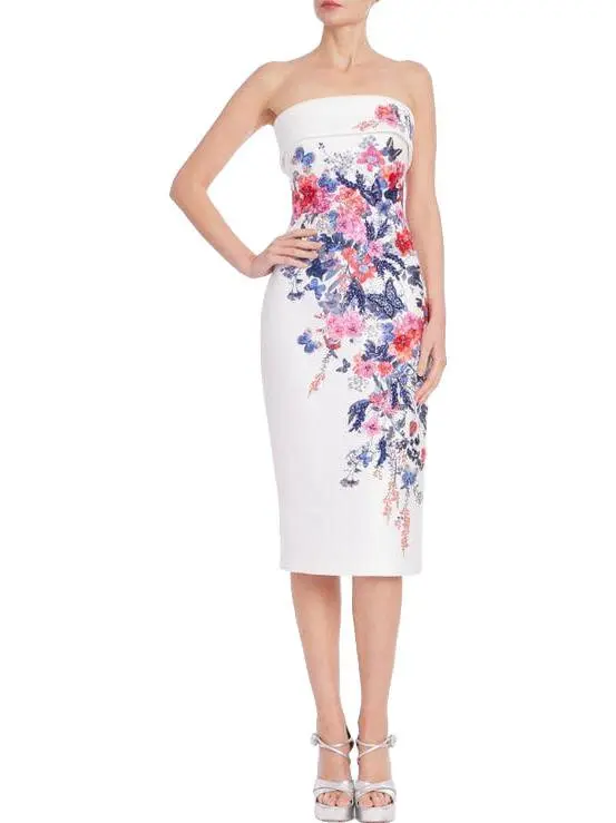 Badgley Mischka Beaded Strapless Midi Dress - Ivory Multi